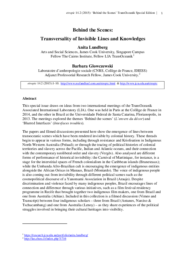 (PDF) Behind the Scenes: Transversality of Invisible Lines and Knowledges