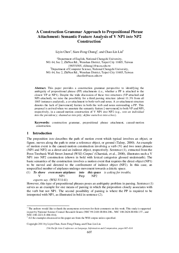 (PDF) A Construction Grammar Approach to Prepositional Phrase Attachment: Semantic Feature ...