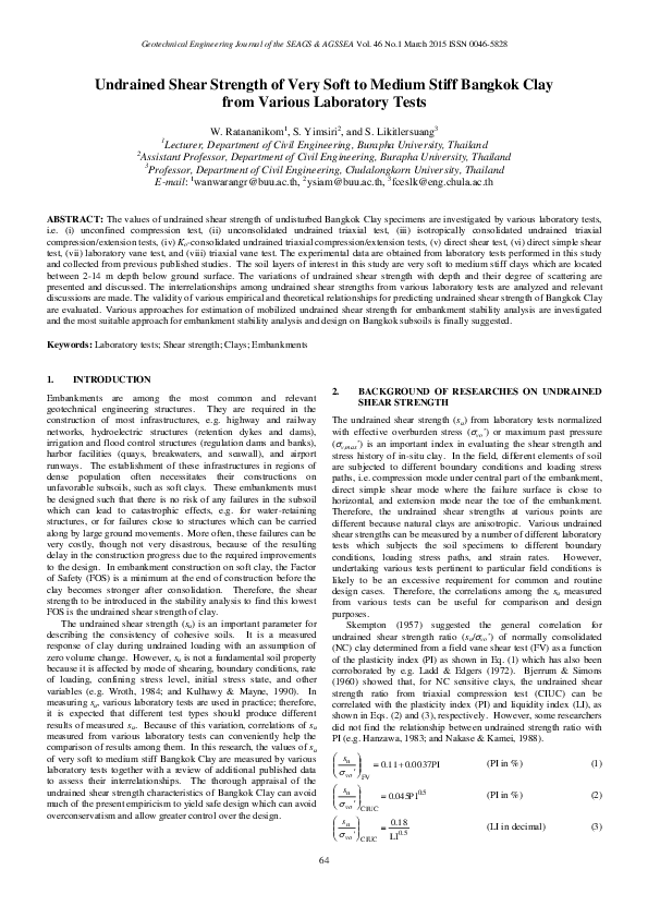 (PDF) Undrained Shear Strength of Very Soft to Medium Stiff Bangkok ...
