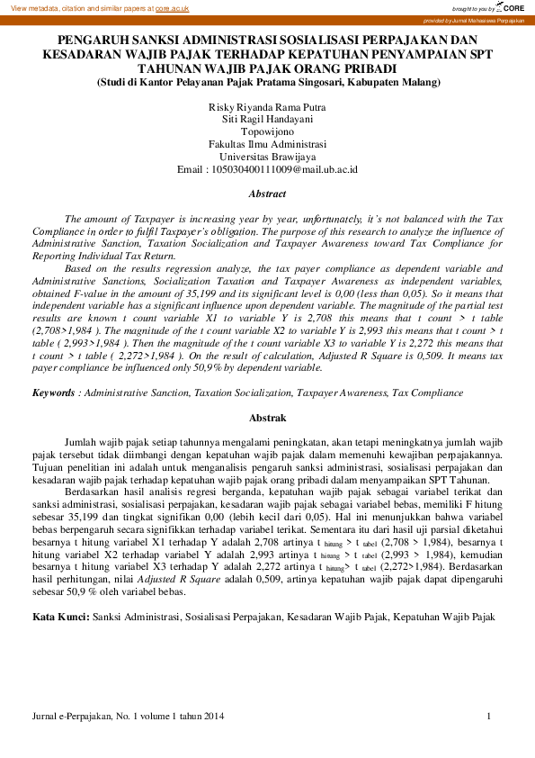 (PDF) PENGARUH SANKSI ADMINISTRASI SOSIALISASI PERPAJAKAN DAN KESADARAN WAJIB PAJAK TERHADAP ...