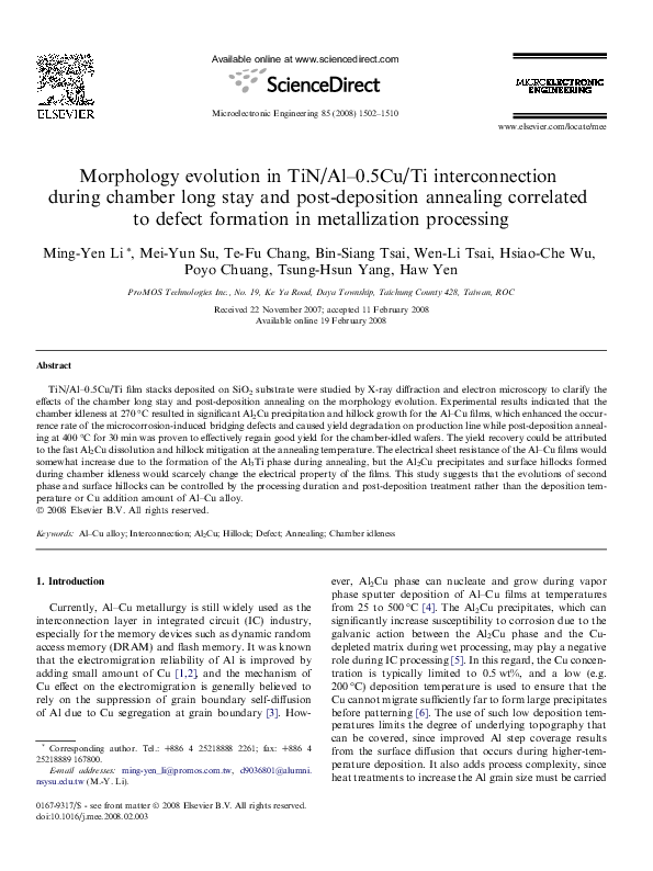 (PDF) Morphology evolution in TiN/Al–0.5Cu/Ti interconnection during ...