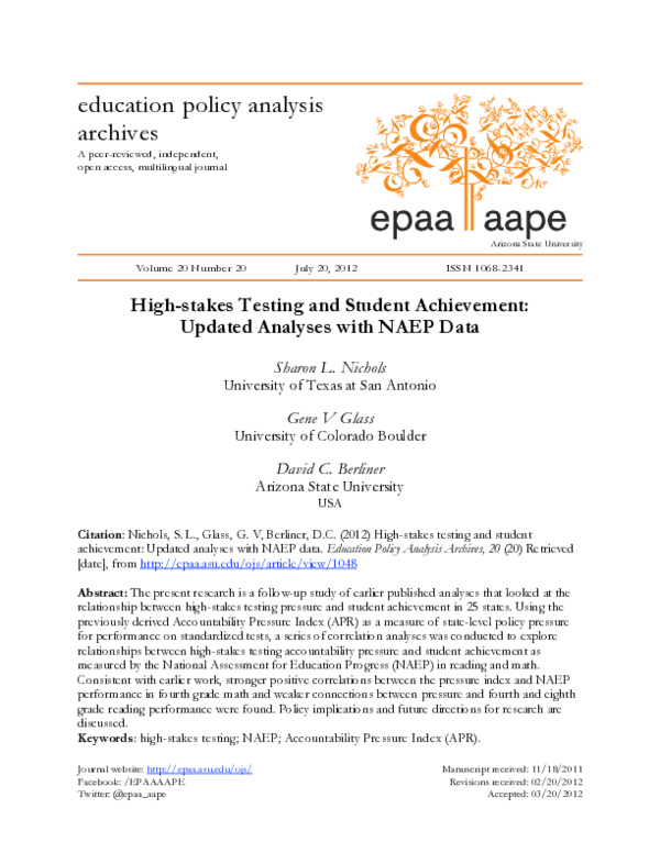 (PDF) High-stakes testing and student achievement: Updated analyses ...