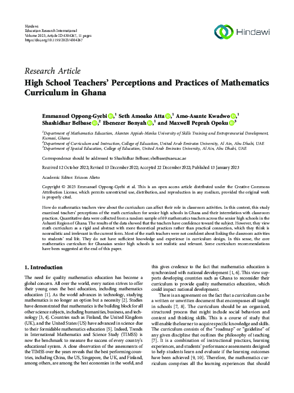 (PDF) High School Teachers' Perceptions and Practices of Mathematics Curriculum in Ghana