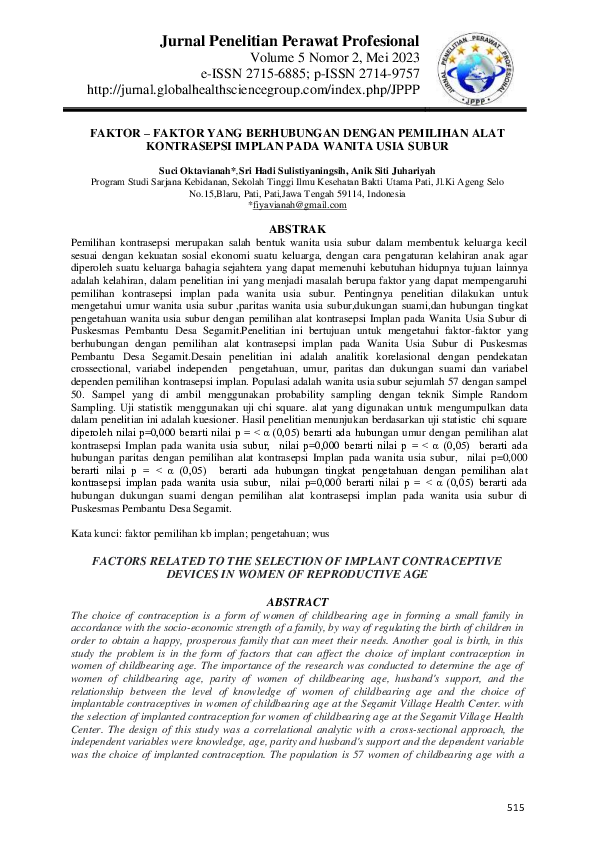 (PDF) Faktor – Faktor yang Berhubungan dengan Pemilihan Alat Kontrasepsi Implan pada Wanita Usia ...