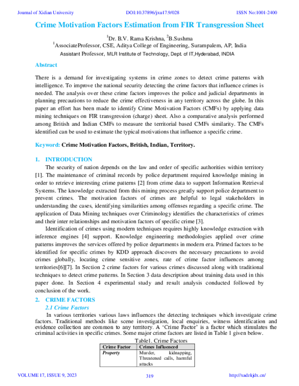 (PDF) Crime Motivation Factors Estimation from FIR Transgression Sheet