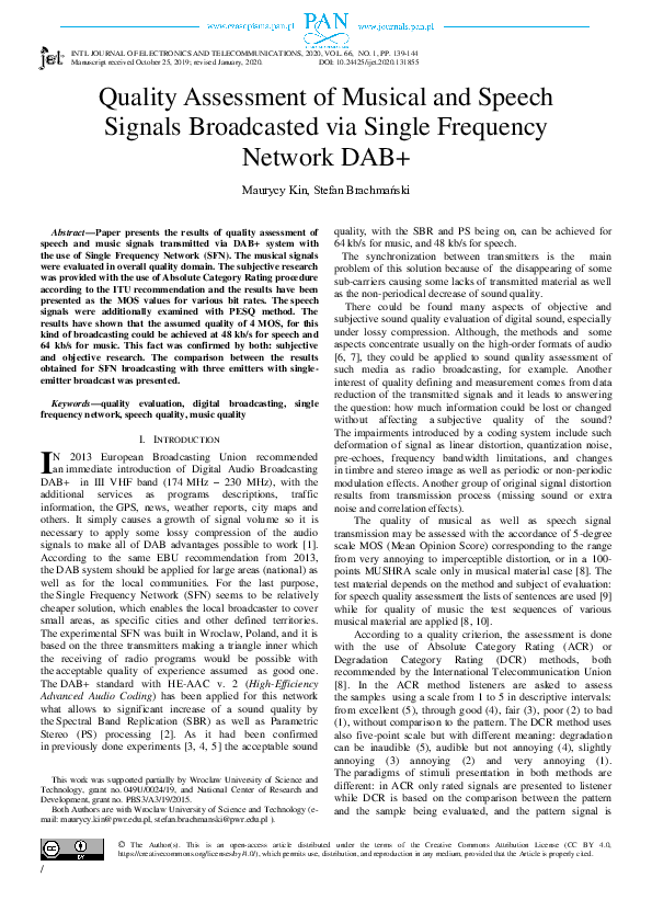 (PDF) Quality Assessment of Musical and Speech Signals Broadcasted via ...