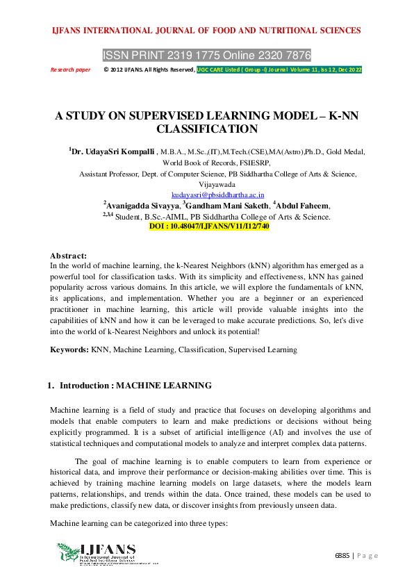 (PDF) A STUDY ON SUPERVISED LEARNING MODEL -K-NN CLASSIFICATION