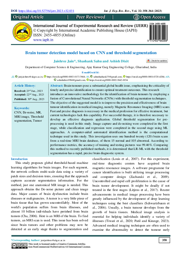 Pdf Brain Tumor Detection Model Based On Cnn And Threshold Segmentation