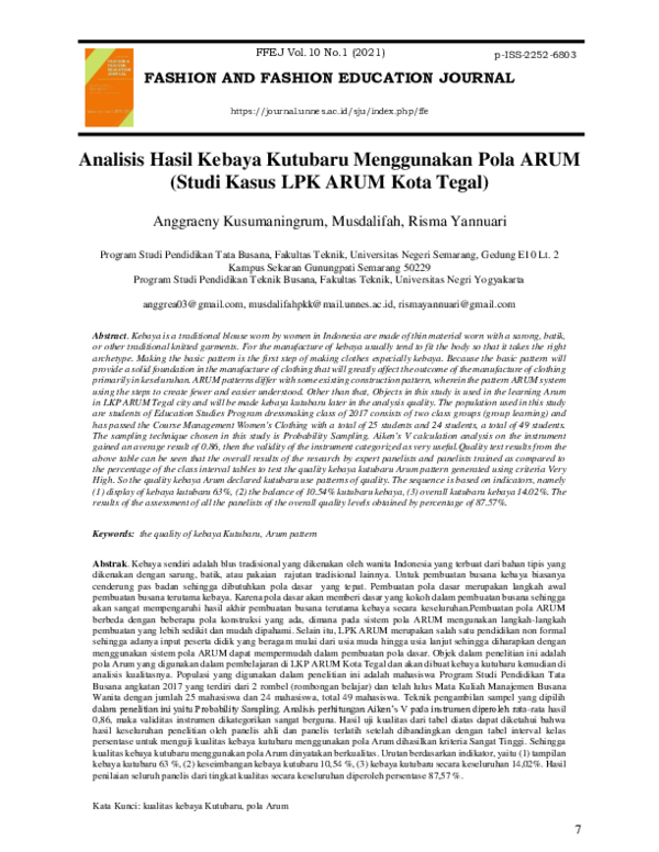 (PDF) Analisis Hasil Kebaya Kutubaru Menggunakan Pola ARUM (Studi Kasus LPK ARUM Kota Tegal)