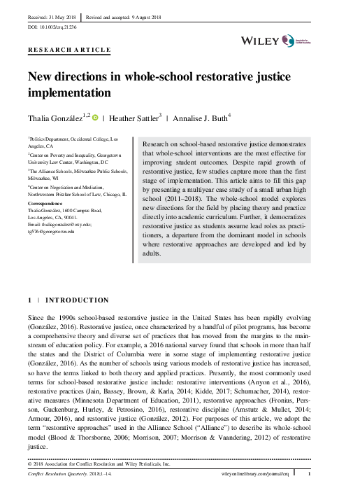 (PDF) New directions in whole-school restorative justice implementation