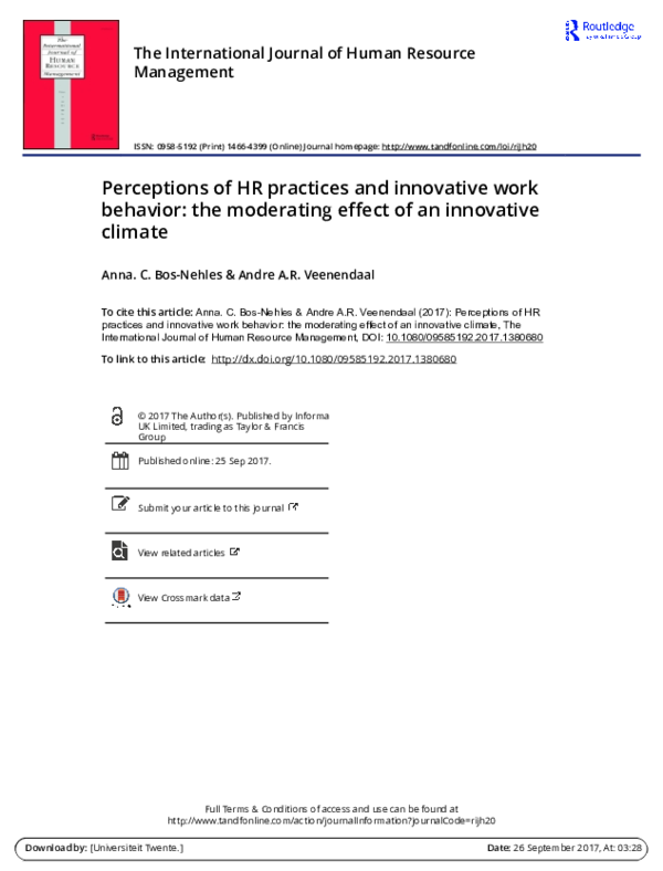 (PDF) Perceptions of HR practices and innovative work behavior: the moderating effect of an ...