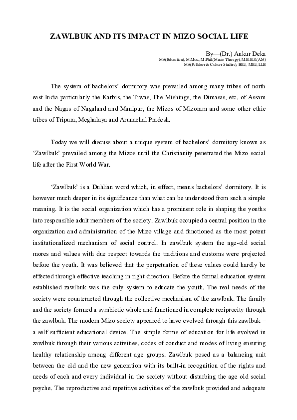 (DOC) ZAWLBUK AND ITS IMPACT IN MIZO SOCIAL LIFE