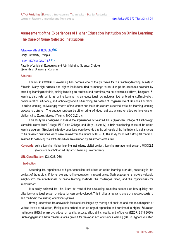 (PDF) Assessment of the Experiences of Higher Education Institution on Online Learning: The Case ...