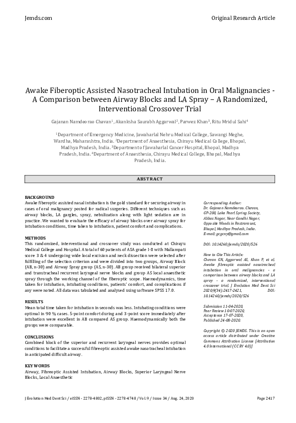 (PDF) Awake Fiberoptic Assisted Nasotracheal Intubation in Oral ...