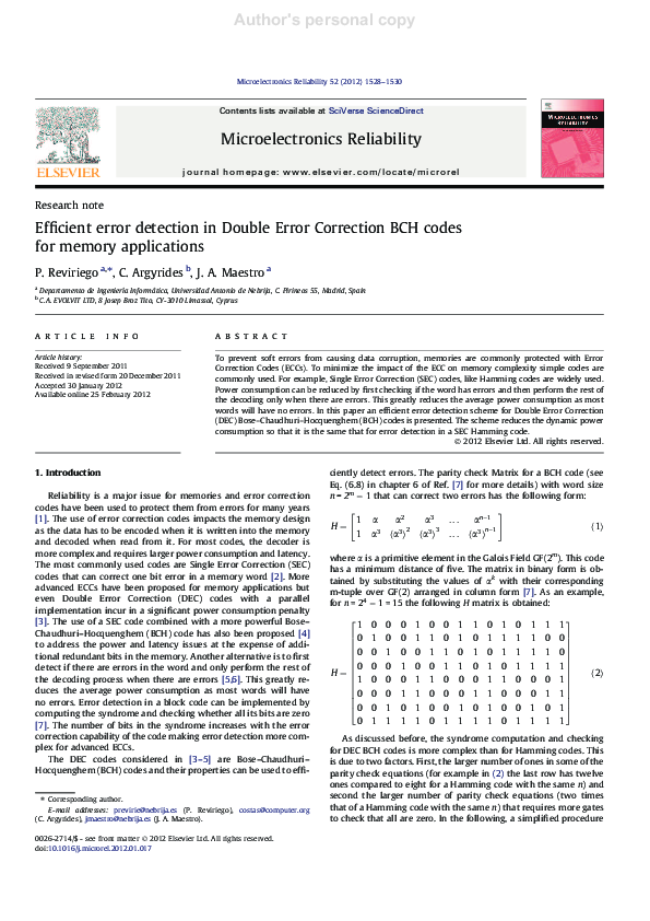 Pdf Efficient Error Detection In Double Error Correction Bch Codes For Memory Applications