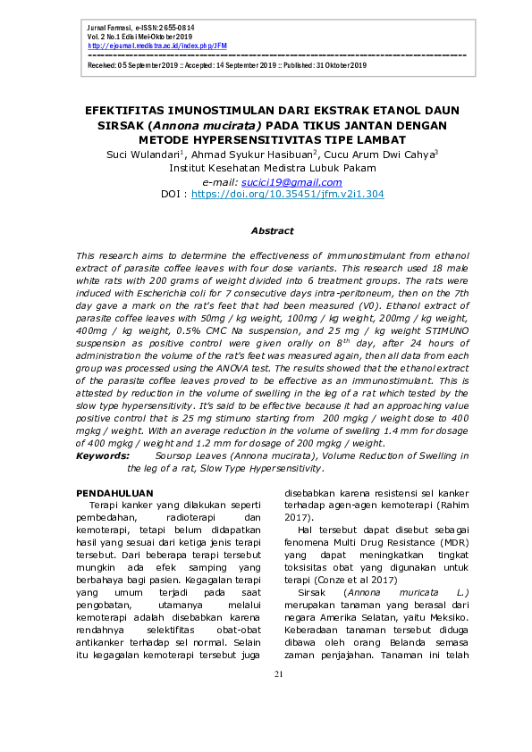 (PDF) EFEKTIFITAS IMUNOSTIMULAN DARI EKSTRAK ETANOL DAUN SIRSAK (Annona ...