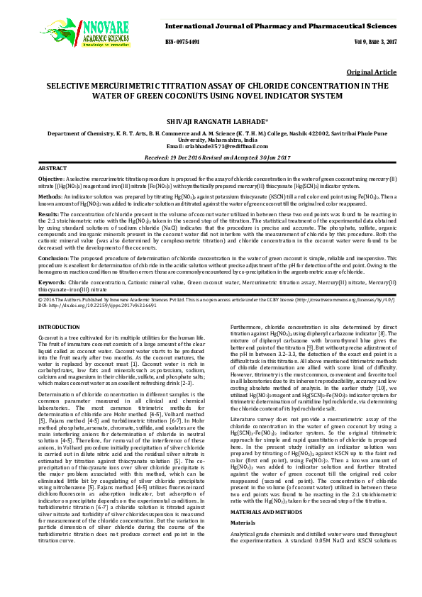 (PDF) SELECTIVE MERCURIMETRIC TITRATION ASSAY OF CHLORIDE CONCENTRATION ...