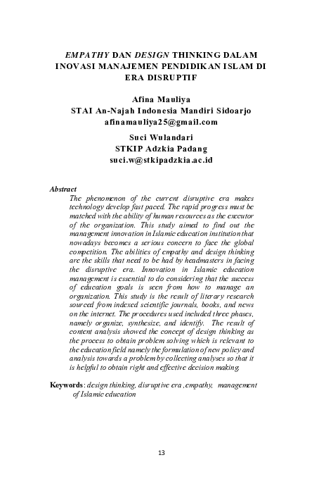 (PDF) Empathy Dan Design Thinking Dalam Inovasi Manajemen Pendidikan Islam DI Era Disruptif ...
