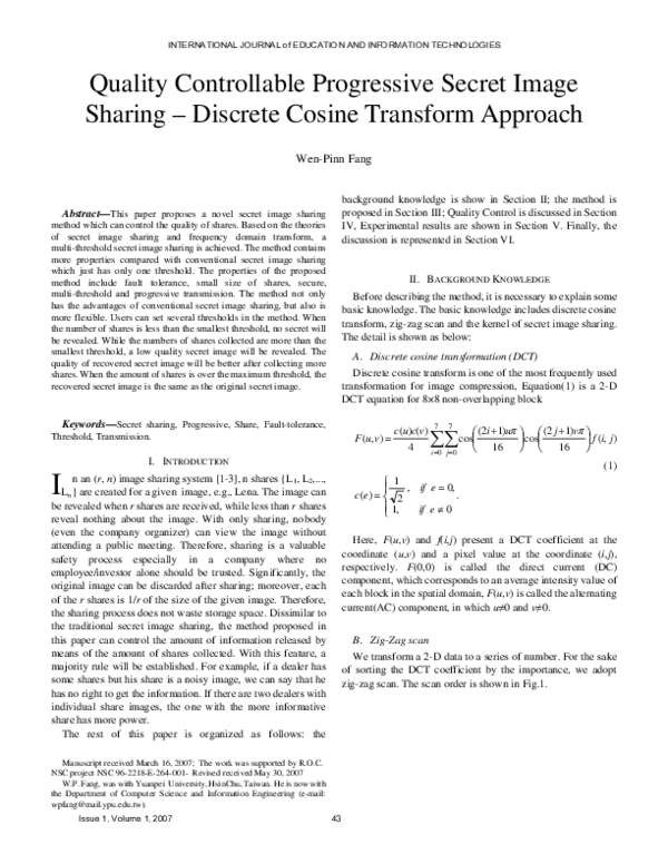 (PDF) Quality Controllable Progressive Secret Image Sharing - Discrete Cosine Transform Approach