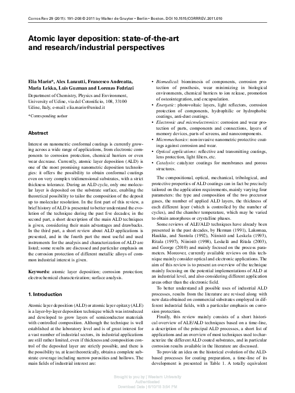 (PDF) Atomic layer deposition: state-of-the-art and research/industrial ...