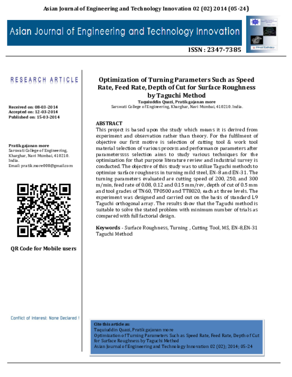 Pdf Optimization Of Turning Parameters Such As Speed Rate Feed Rate Depth Of Cut For Surface