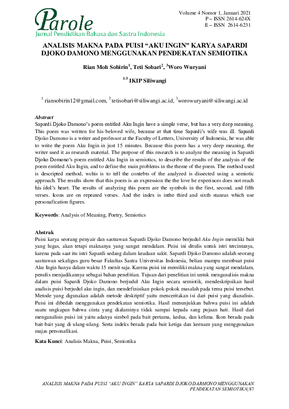 (PDF) Analisis Makna Pada Puisi “Aku Ingin” Karya Sapardi Djoko Damono Menggunakan Pendekatan ...