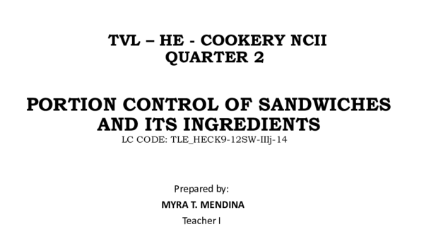 (PPT) PORTION CONTROL OF SANDWICHES AND ITS INGREDIENTS