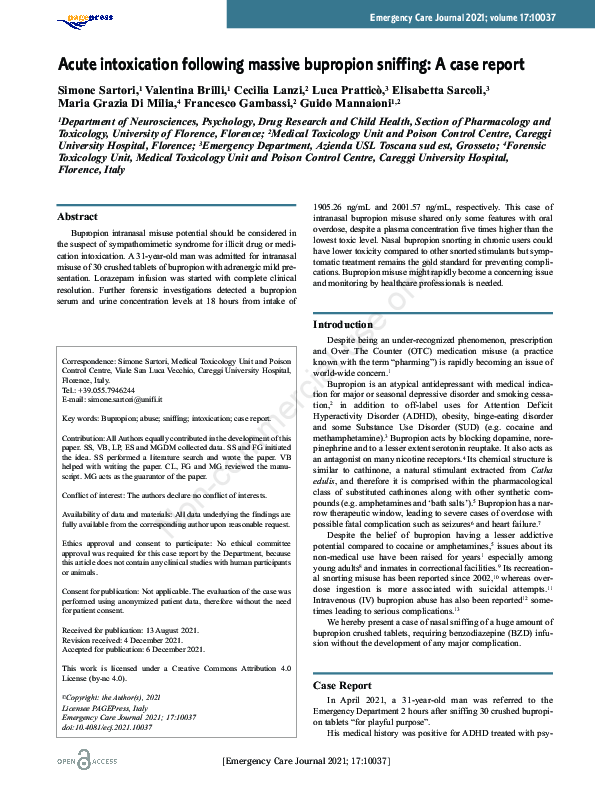 (PDF) Acute intoxication following massive bupropion sniffing: A case ...