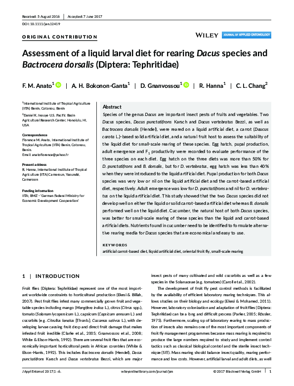 (PDF) Assessment of a liquid larval diet for rearing Dacus species and ...