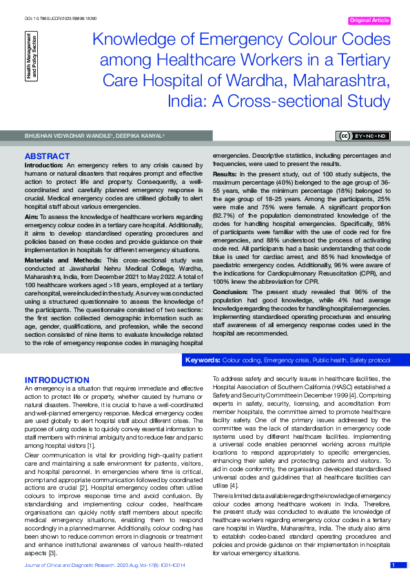 (PDF) Knowledge of Emergency Colour Codes among Healthcare Workers in a ...