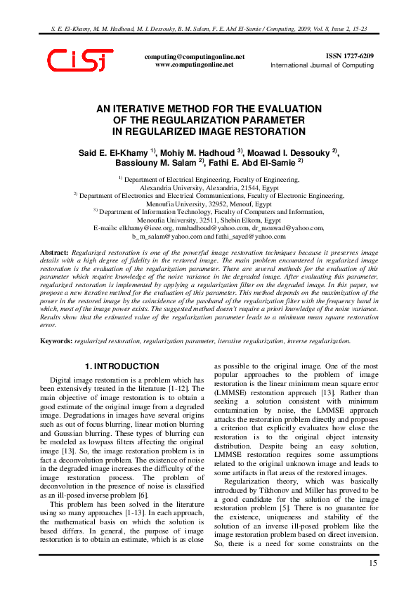 Pdf An Iterative Method For The Evaluation Of The Regularization Parameter In Regularized