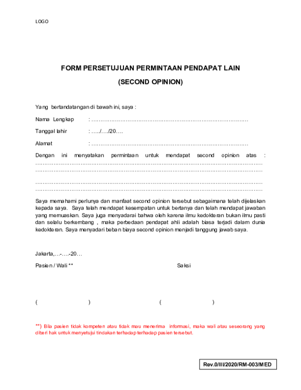 (DOC) FORMULIR PERSETUJUAN PERMINTAAN SECOND OPINION