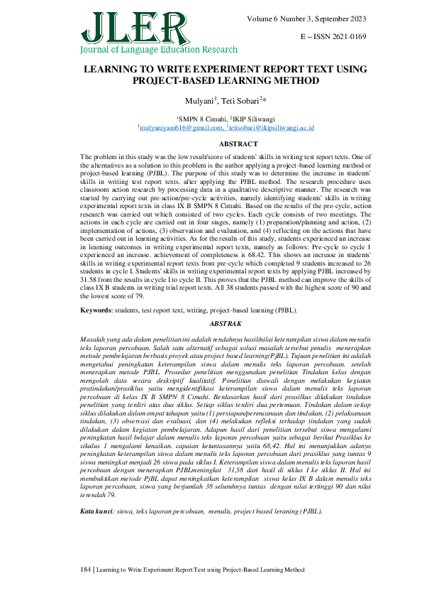 (PDF) Learning to Write Experiment Report Text using Project-Based Learning Method