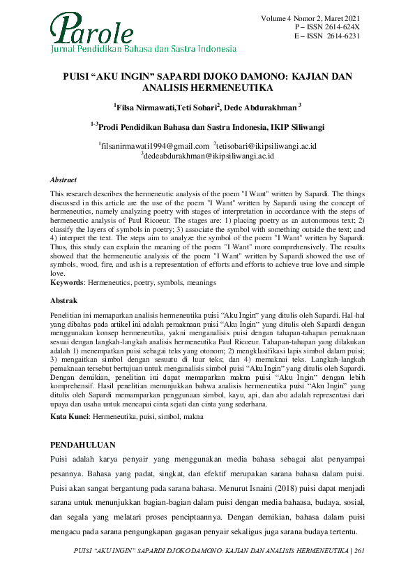 (PDF) Analisis Hermeneutika Pada Puisi “Aku Ingin” Karya Sapardi Djoko Damono