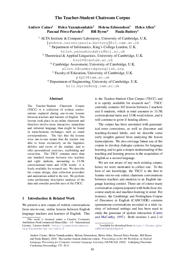 (PDF) The Teacher-Student Chatroom Corpus