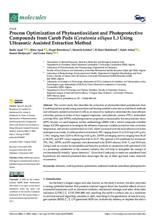 (PDF) Process Optimization of Phytoantioxidant and Photoprotective Compounds from Carob Pods ...