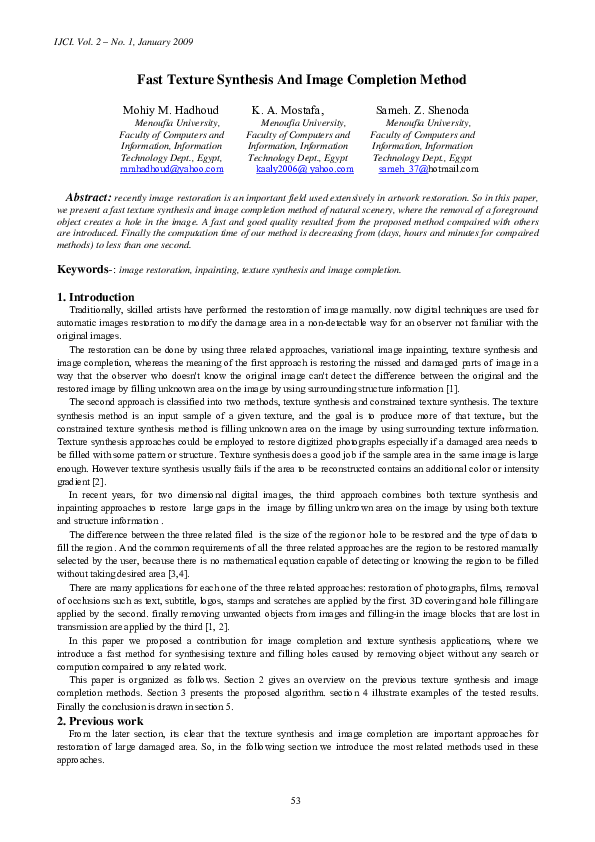 (PDF) Fast Texture Synthesis And Image Completion Method