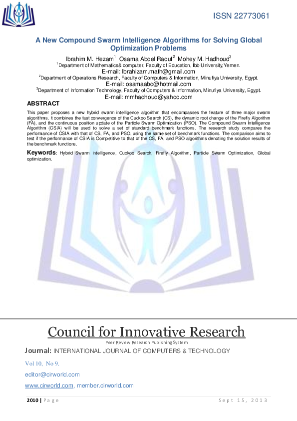 (PDF) A New Compound Swarm Intelligence Algorithms for Solving Global ...