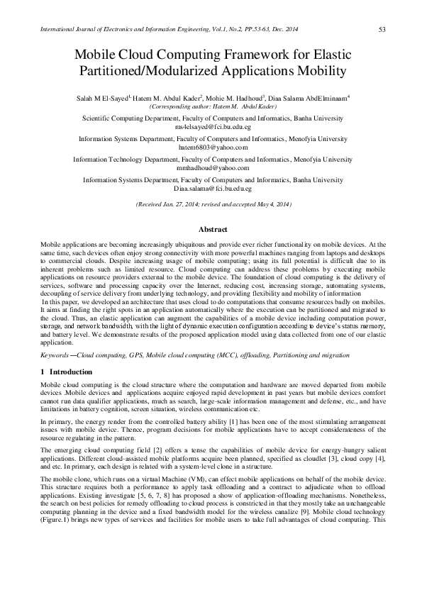 (PDF) Mobile Cloud Computing Framework for Elastic Partitioned/Modularized Applications Mobility ...