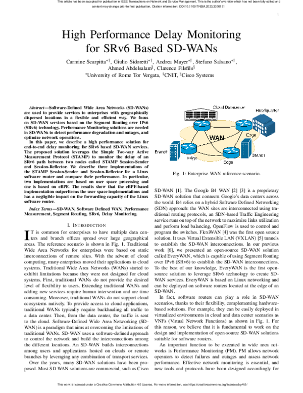 (PDF) High Performance Delay Monitoring for SRv6 Based SD-WANs | Carmine Scarpitta - Academia.edu