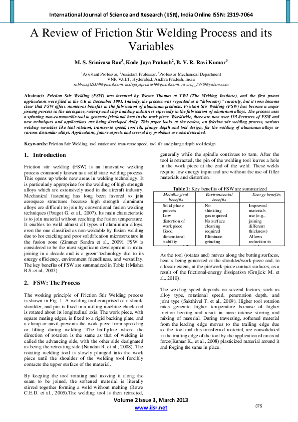 (PDF) A Review of Friction Stir Welding Process and its Variables