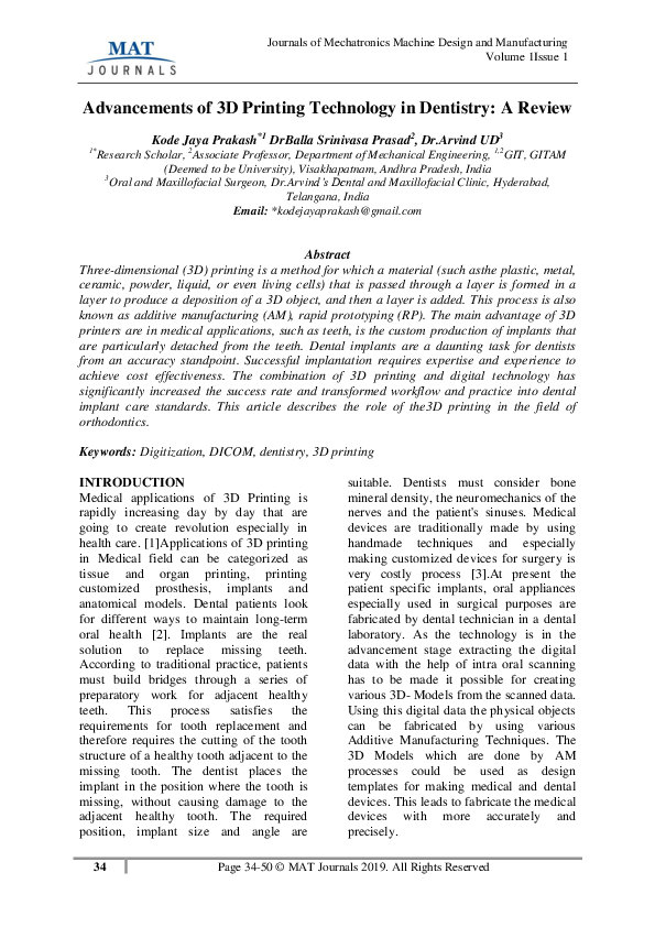 (PDF) Advancements of 3D Printing Technology in Dentistry: A Review