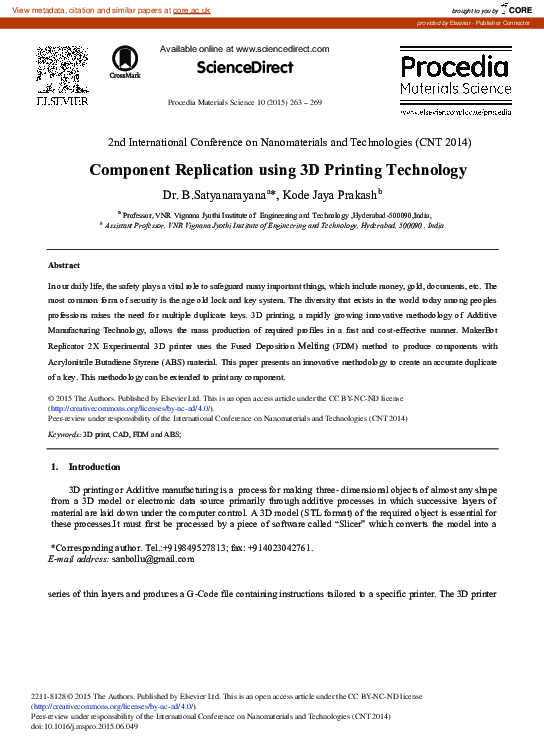 (PDF) Component Replication Using 3D Printing Technology