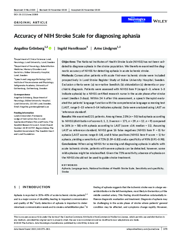 (PDF) Accuracy of NIH Stroke Scale for diagnosing aphasia