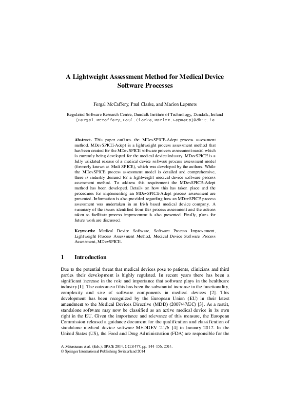 (PDF) A Lightweight Assessment Method for Medical Device Software Processes