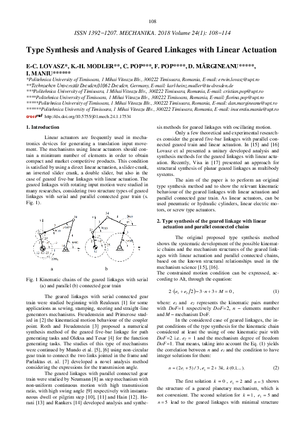 (PDF) Type synthesis and analysis of geared linkages with linear actuation