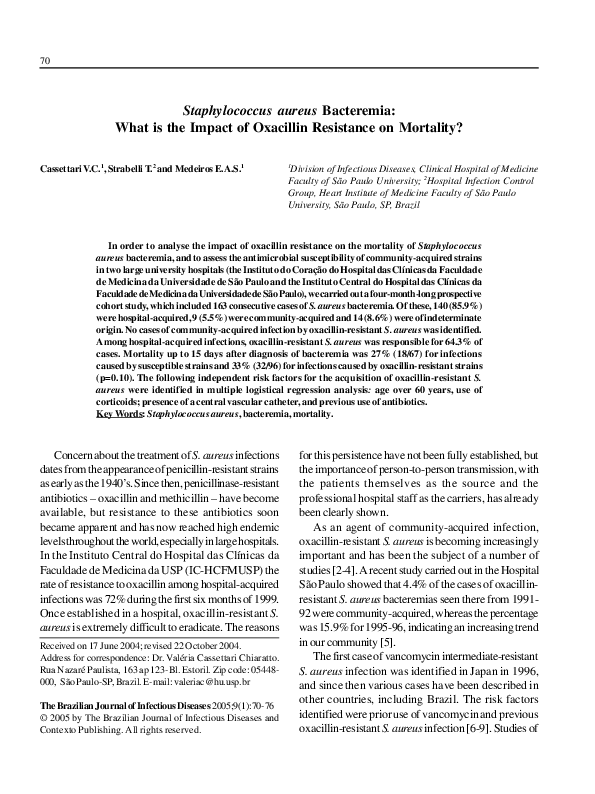 Staphylococcus Aureus Bacteremia What Is The Impact Of Oxacillin Resistance On Mortality