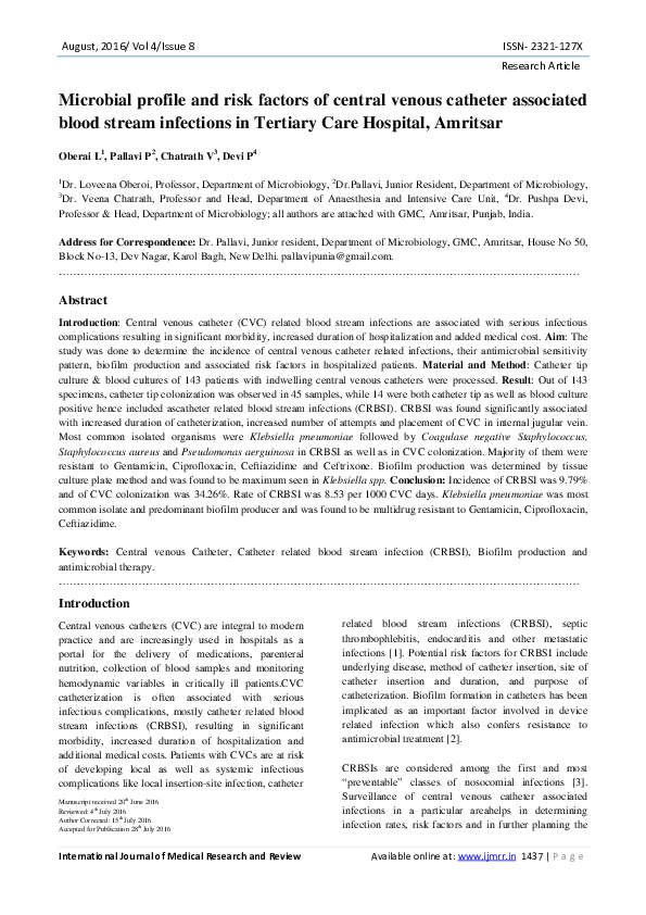 (PDF) Microbial profile and risk factors of central venous catheter ...