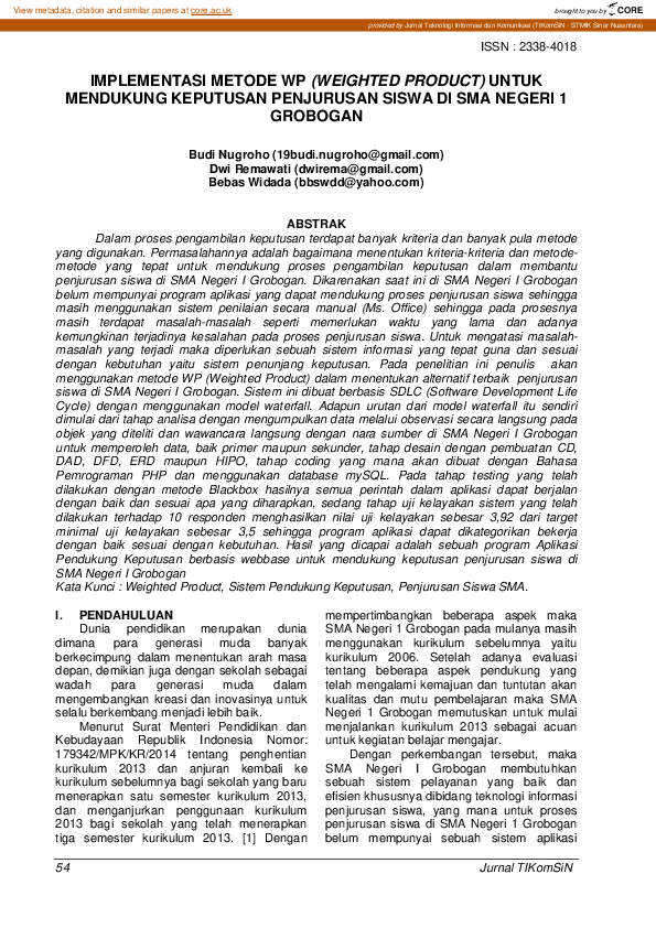 (PDF) IMPLEMENTASI METODE WP (Weighted Product) UNTUK MENDUKUNG ...