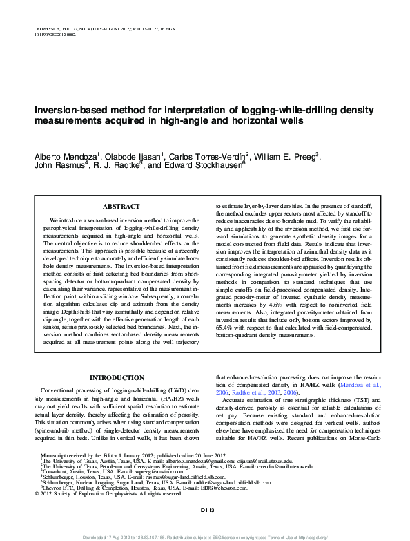 (PDF) Inversion-based method for interpretation of logging-while-drilling density measurements ...